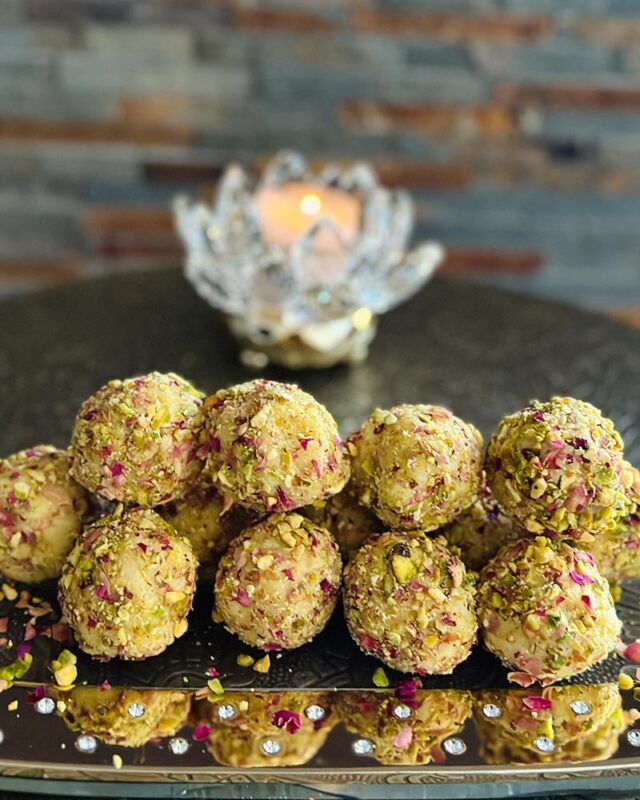 Saffron Pistachio White Chocolate Almond Ladoos - Gitadini